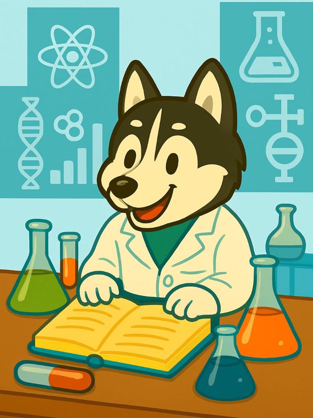 Husky Scientist Clipart : Dog With Lab Coat With Book & Beakers ...