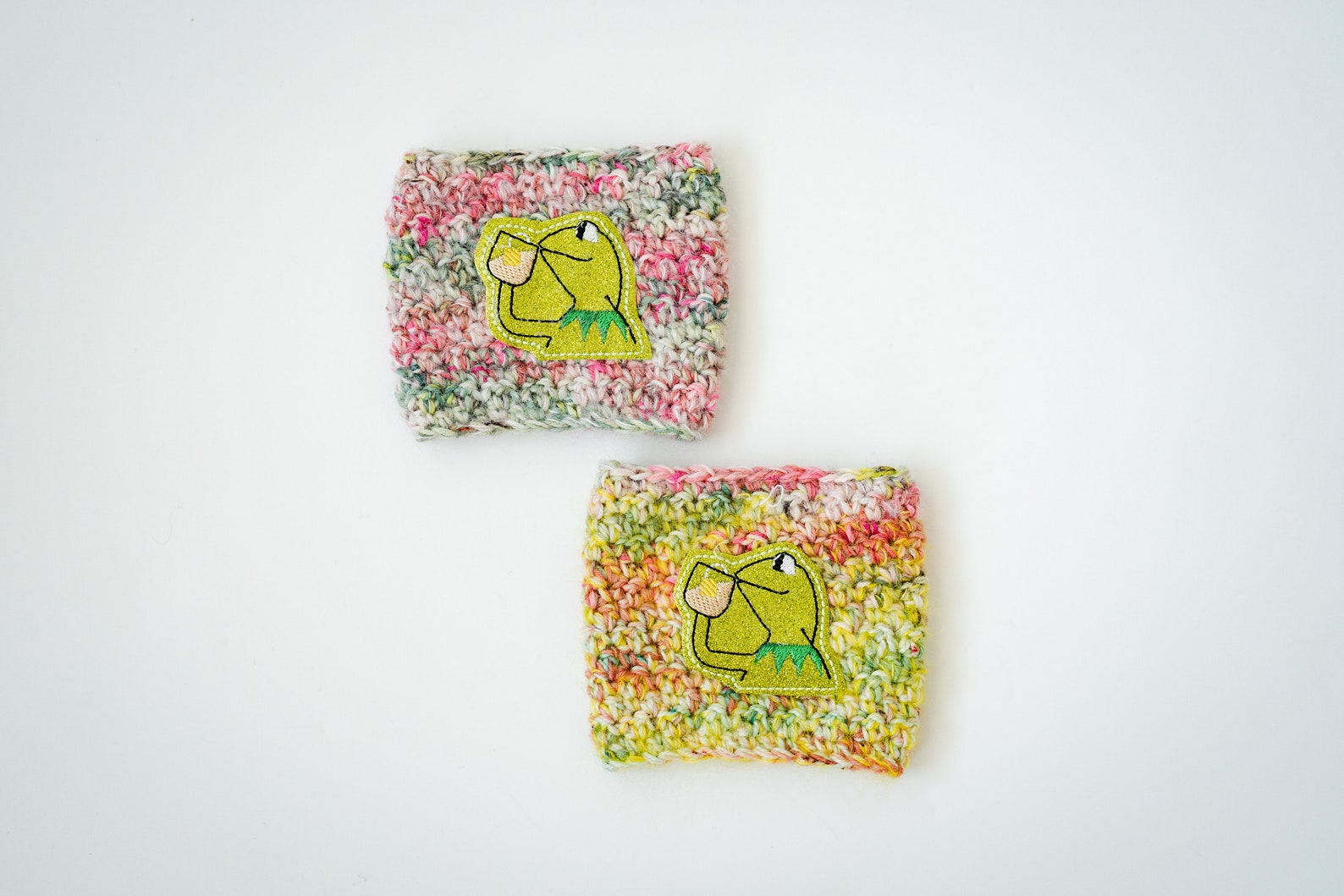 Tea Drinking Puppet Frog Coffee Cozy - Funny Meme Green Frog Fuzzy Hot ...