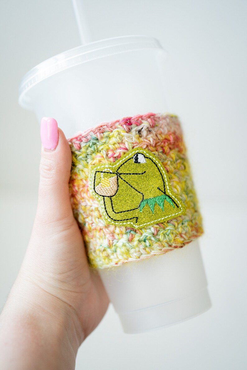 Tea Drinking Puppet Frog Coffee Cozy Funny Meme Green Frog Fuzzy Hot or ...