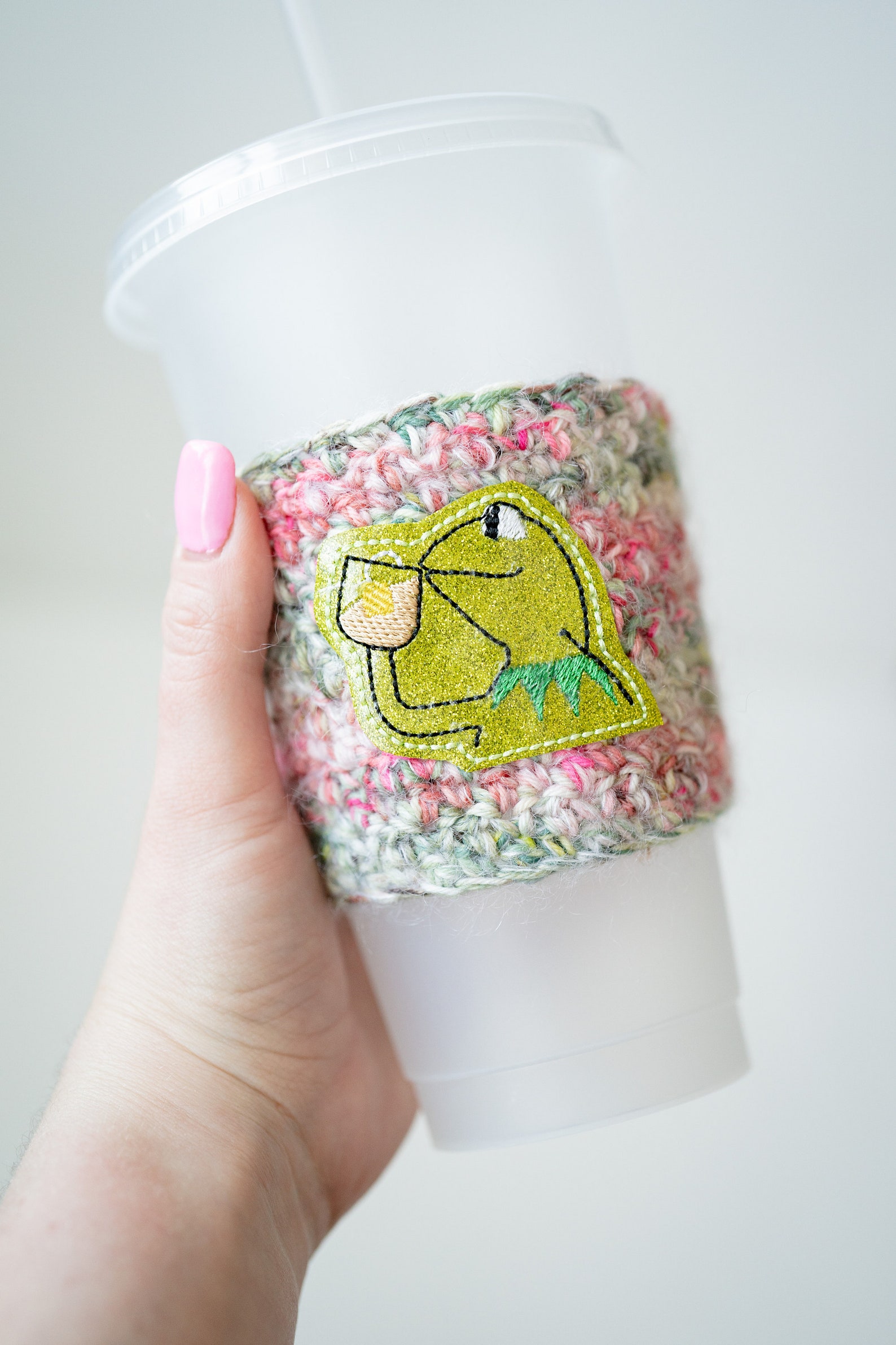 Tea Drinking Puppet Frog Coffee Cozy - Funny Meme Green Frog Fuzzy Hot ...