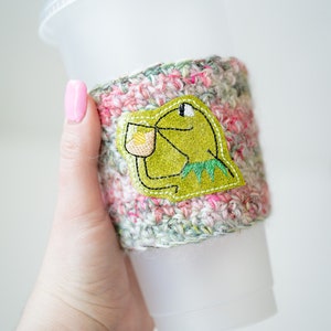 Tea Drinking Puppet Frog Coffee Cozy - Funny Meme Green Frog Fuzzy Hot ...