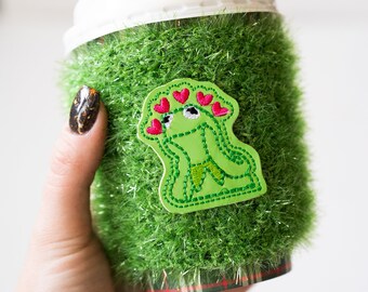 Tea Drinking Puppet Frog Coffee Cozy - Funny Meme Green Frog Fuzzy Hot ...