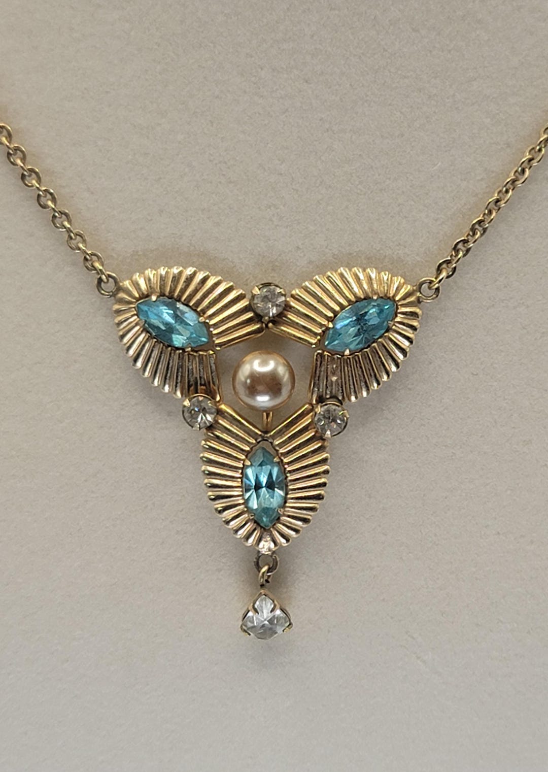 Vintage Simmons Necklace | 1940s Rhinestone & Faux Pearl Pendant | Gold ...