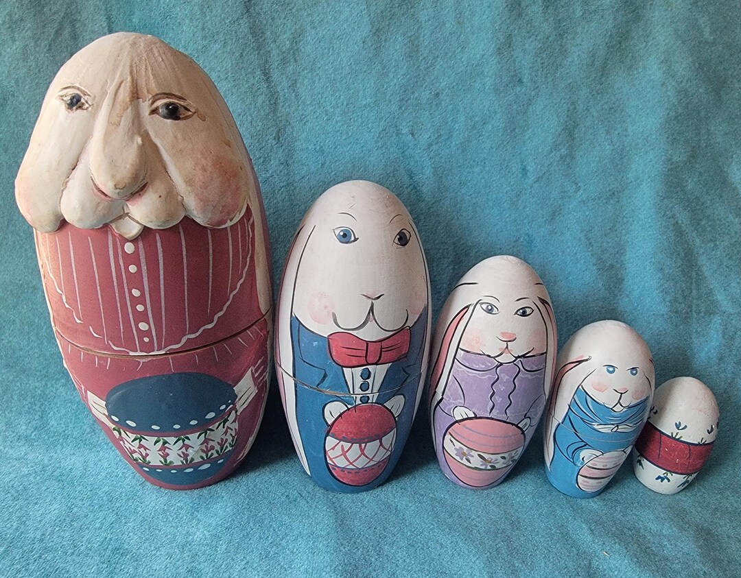 Vtg 5 Piece Wood Carved/painted Easter Bunny Nesting Dolls - Etsy