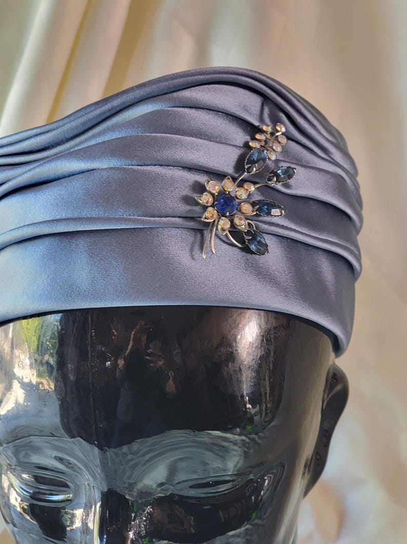 Vintage Junior B Blue Satin Turban Hat With Rhinestone Brooch, 1950s ...