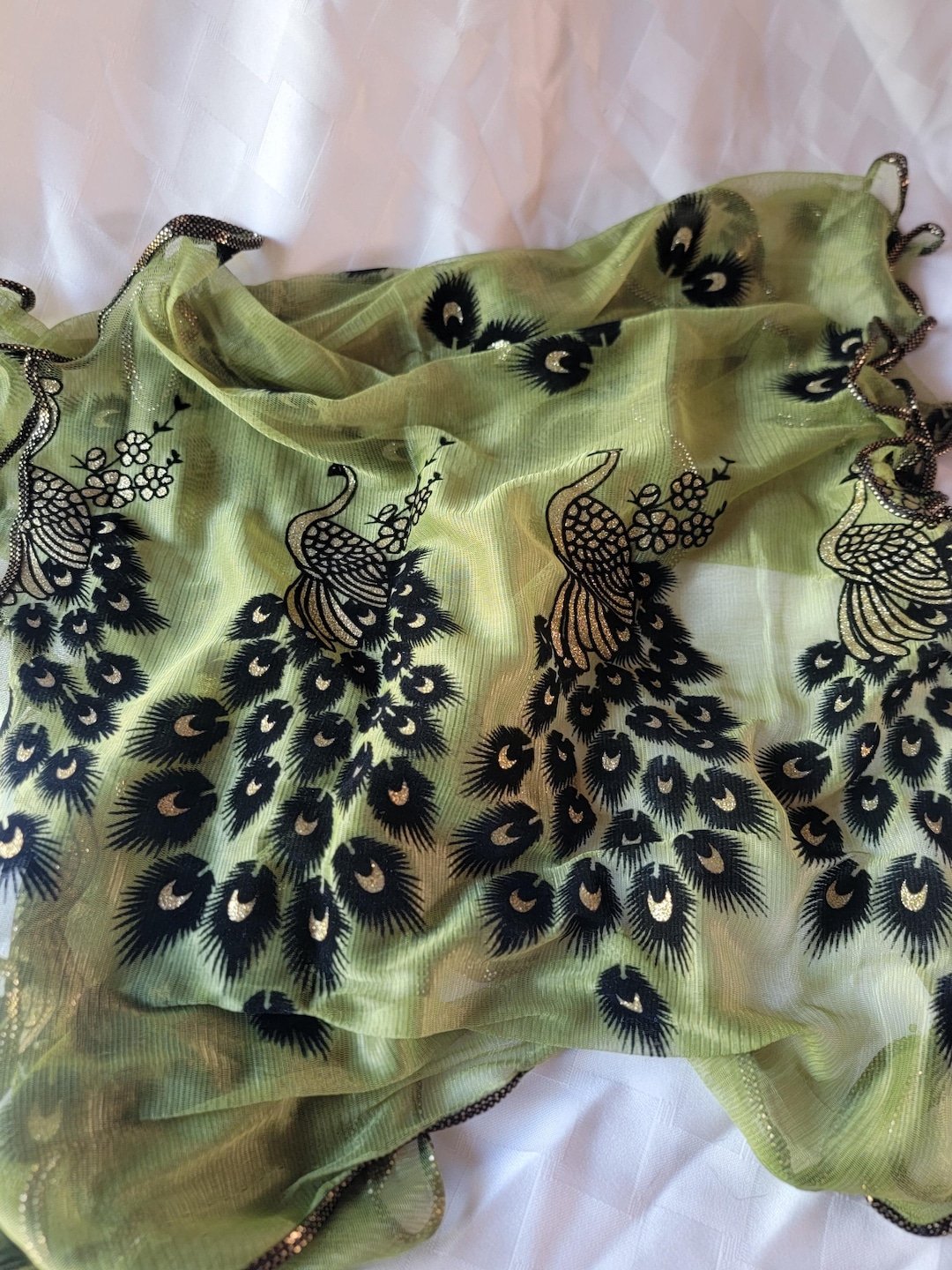 Vintage Sage Green Sheer Peacock Scarf, 8ft Long Black Gold Embroidered ...