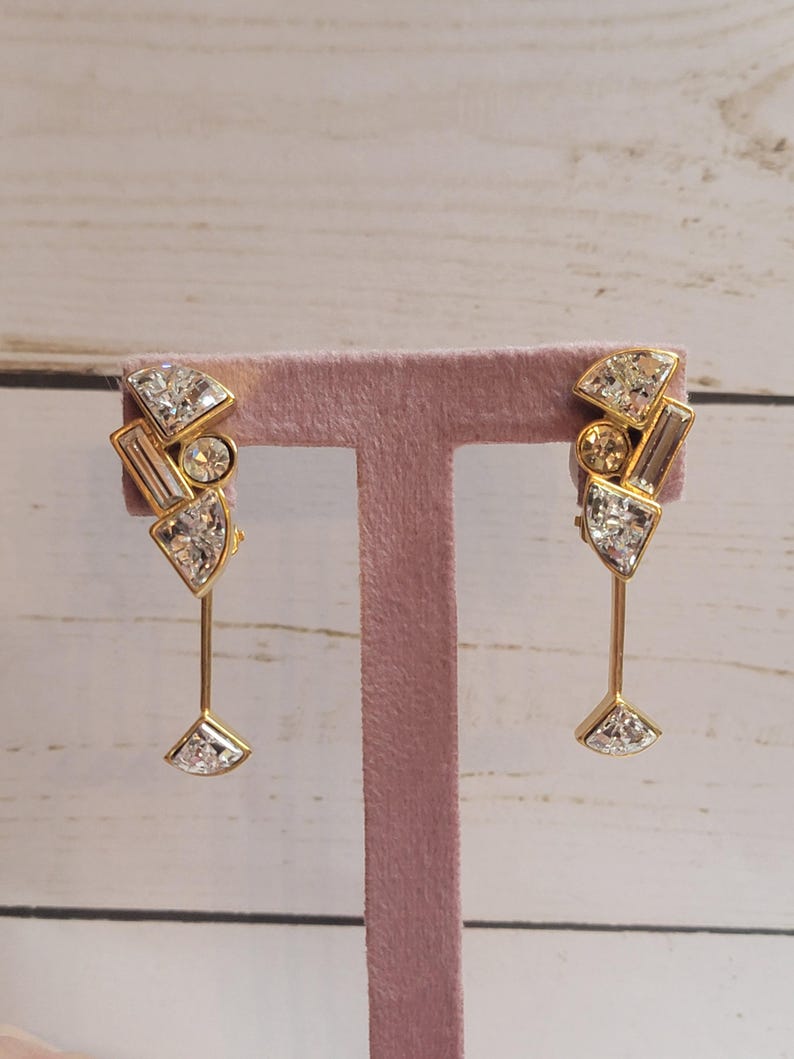 Vintage Lee Wolfe Rhinestone Clip-on Earrings Gold Tone Geometric ...