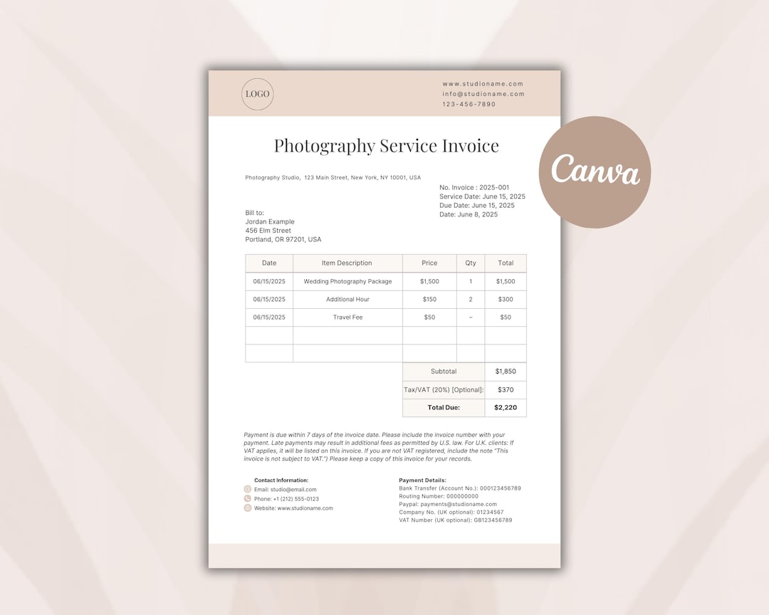 Editable Canva Invoice Template for Photographers: Studio Billing Form ...