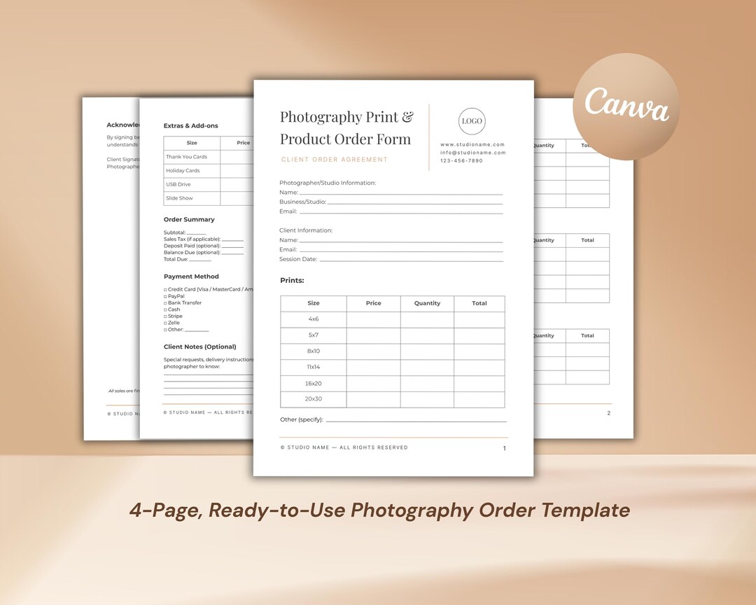 Photography Product Order Form Canva Template Photographer Forms ...