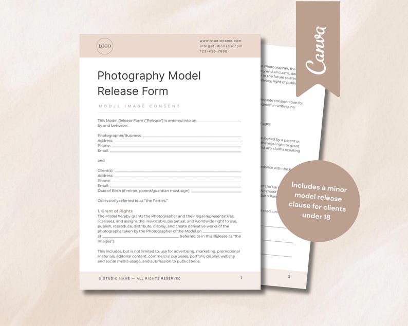 Editable Canva Model Release Form Template for Photographers, Image ...
