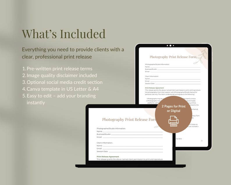 Photography Print Release Form Template – Canva Editable Contract for Client Print Rights, Image ...