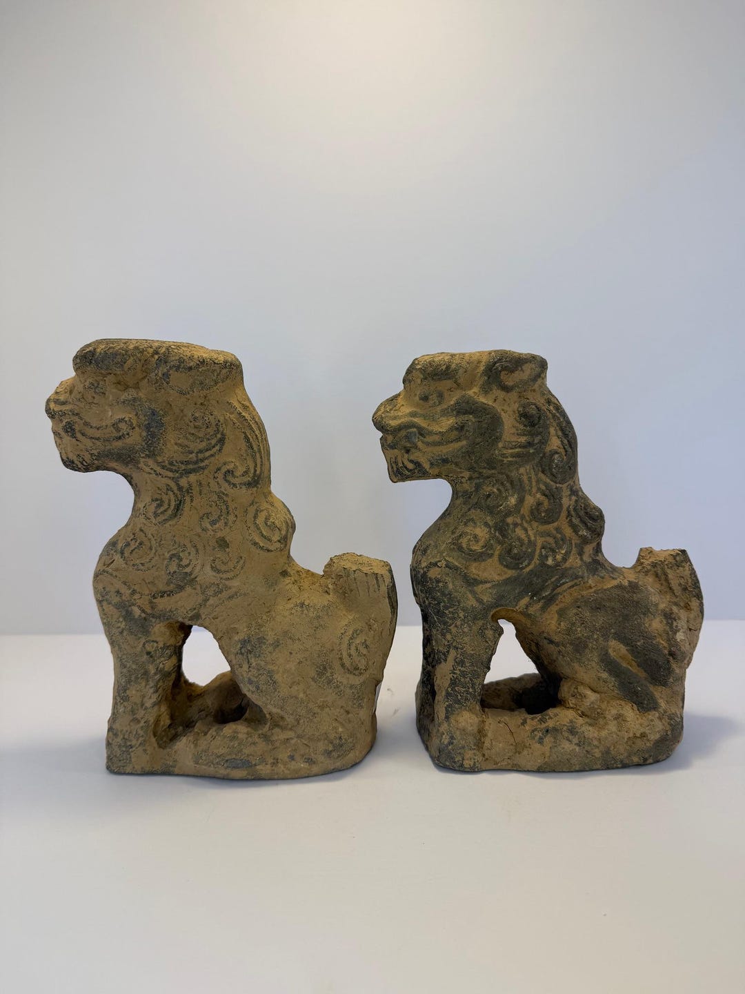 Pair of Vintage Limestone Lion Figurines, Antique Asian Foo Dog Statue ...