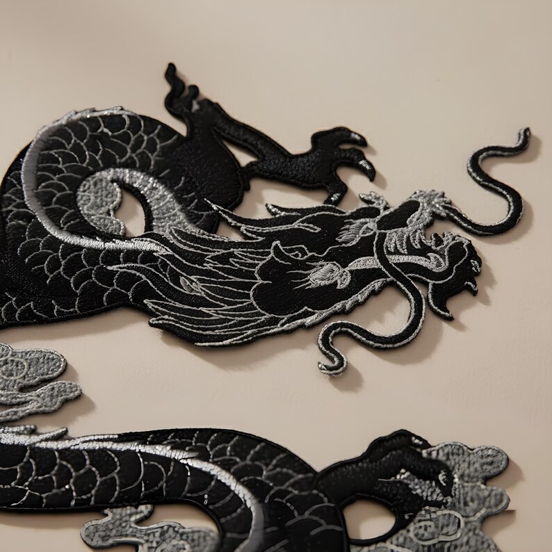 Large Black Dragon Embroidered Iron-on Patch • Oriental Jacket Vest ...