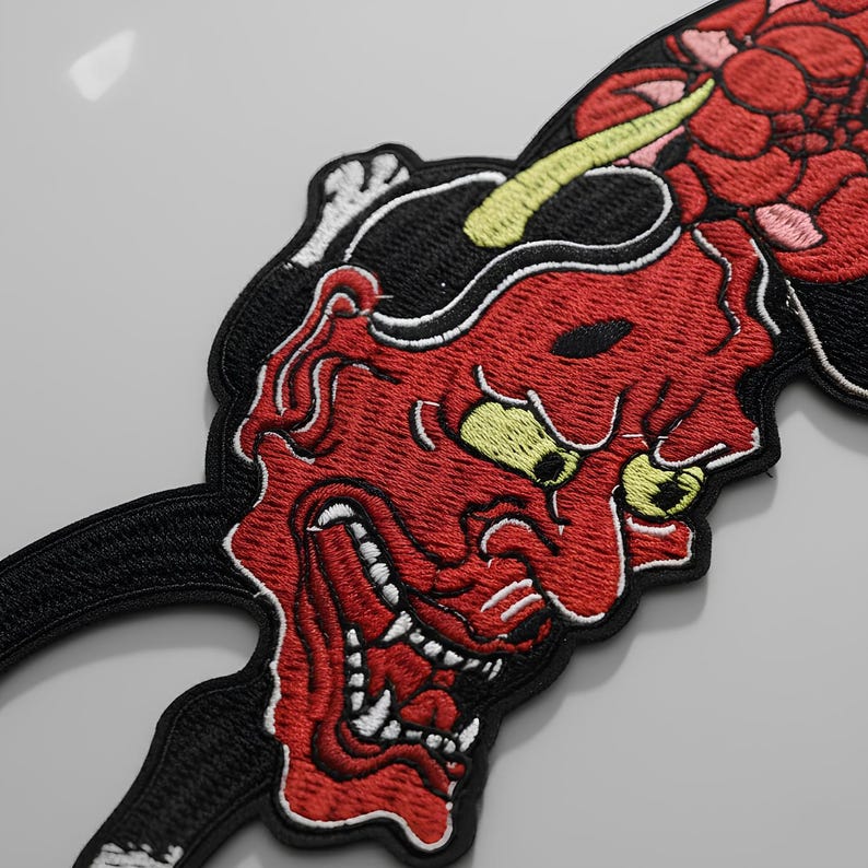 Cat With Oni Mask Embroidery – Japanese Demon Design for Jacket or Vest ...