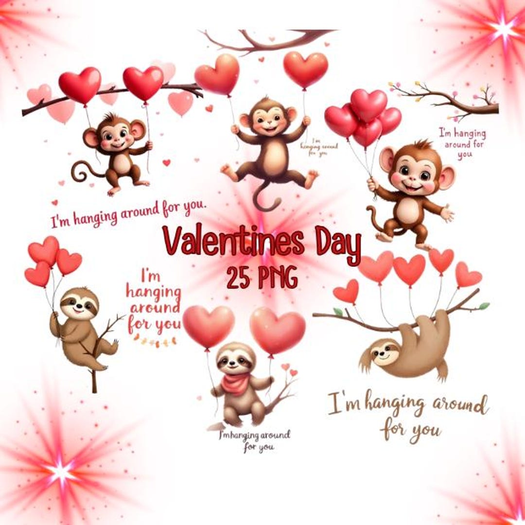 Valentine Animals Clipart: Monkey & Sloth PNG Graphics Commercial Use ...