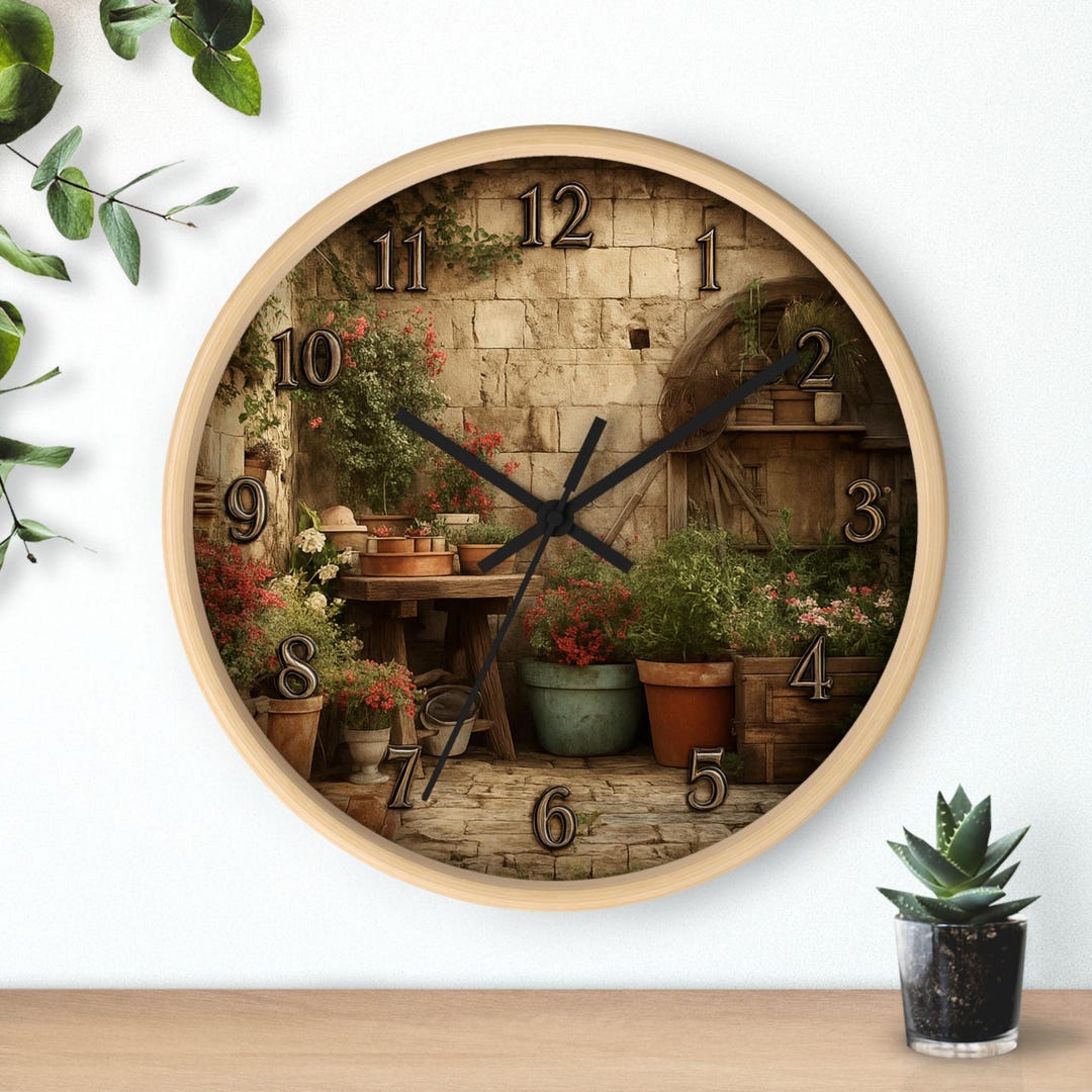 Vintage Garden Wall Clock, Rustic Floral Silent Clock, Wooden Frame ...