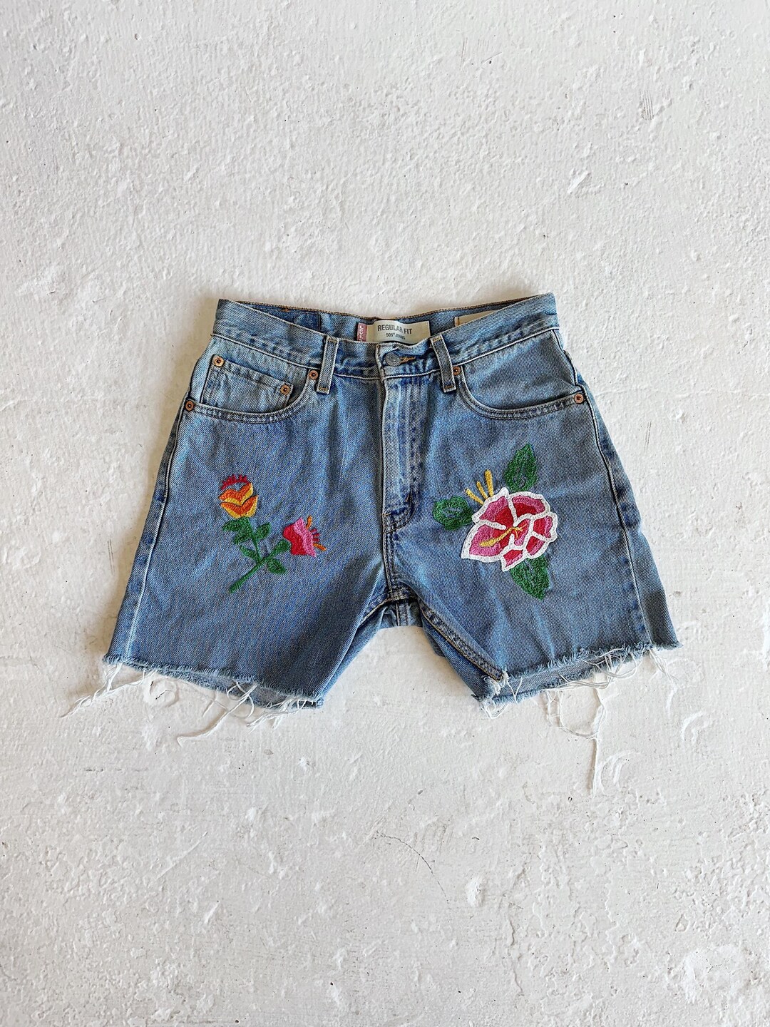 Embroidered Levis 505 Denim Cutoffs Size 27 28 Chainstitch Flowers ...