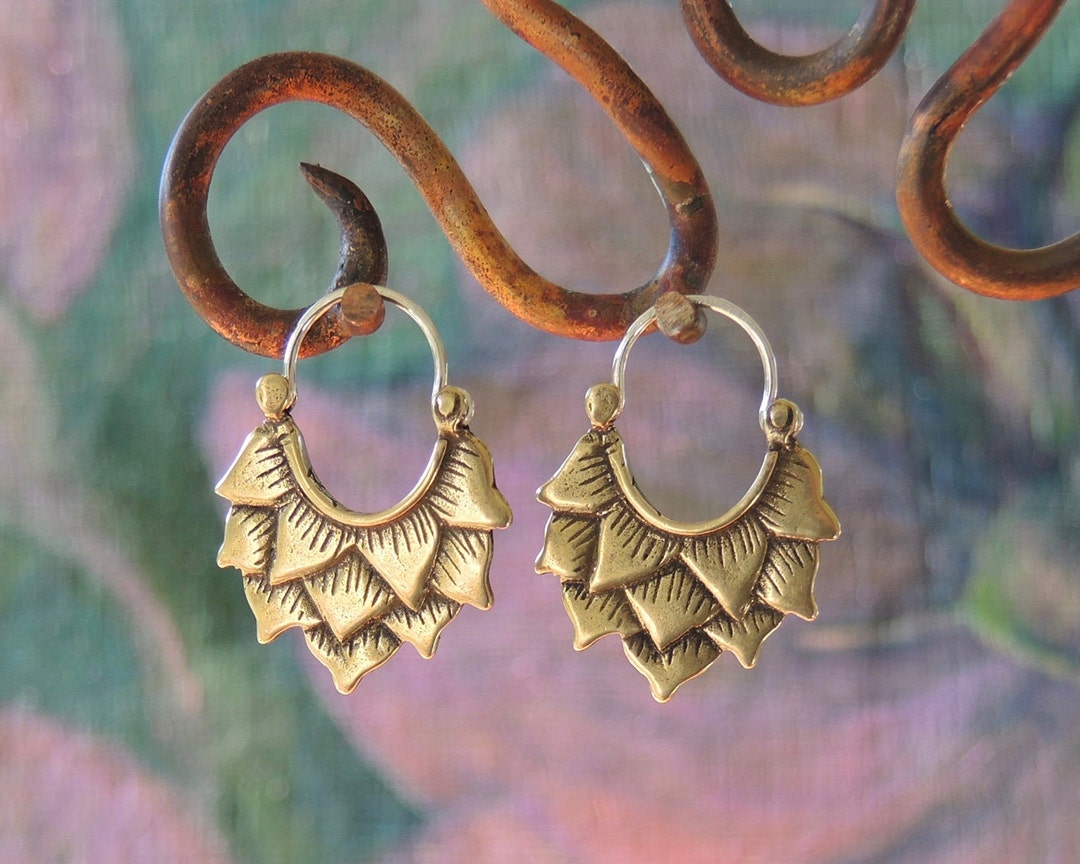 Lotus Hoop Earrings Brass Hoop Earrings - Etsy