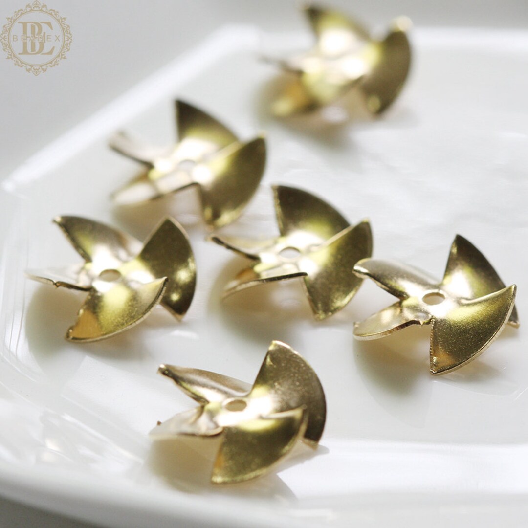 10 Pieces / Raw Brass / Brass Base / Bead Cap / Center Hole / Windmill ...