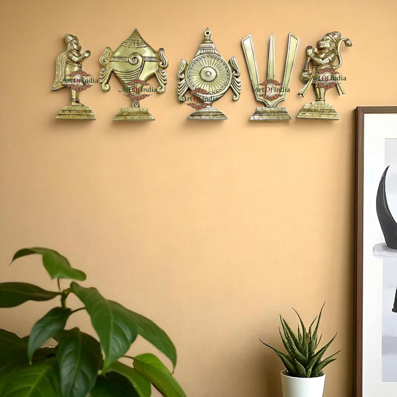 Brass Shankh Chakra Namah Garuda Hanuman Wall Hanging Set – Hindu Vastu ...