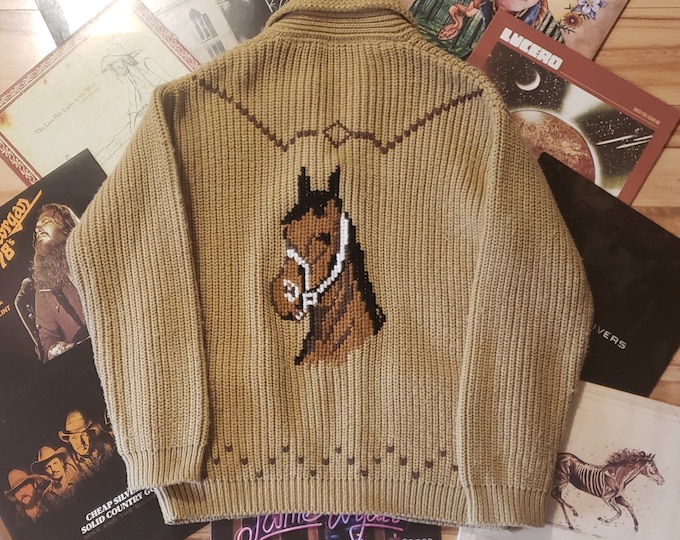 Vintage 70s 1970's MILLER Westernwear Shawl Collar Horse Head Cardigan ...