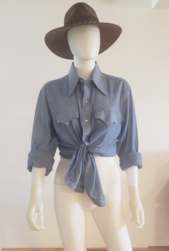 Vintage 70s 1970's hand embroidered denim chambray we… - Gem