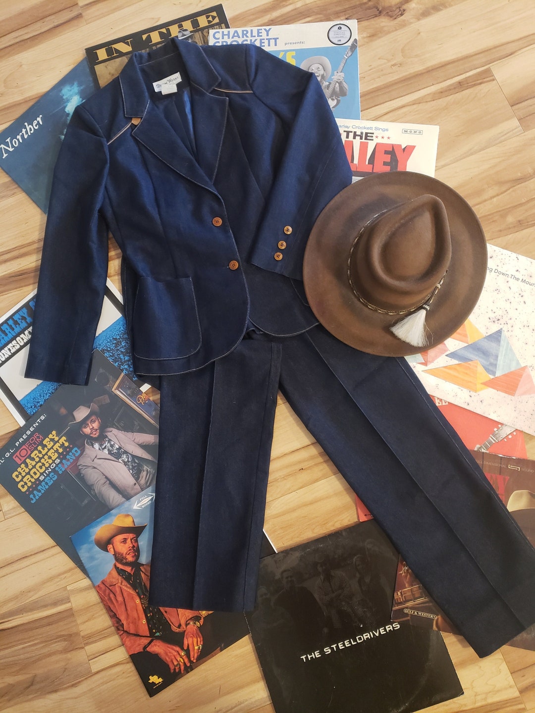 Vintage 70s 1970s DENIM WORKS Dark Denim Jean Leather Trim 2pc Western ...