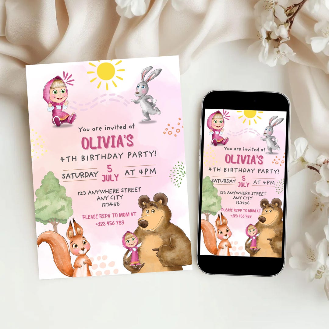 Printable Masha and the Bear Birthday Invitation, Editable Masha and ...