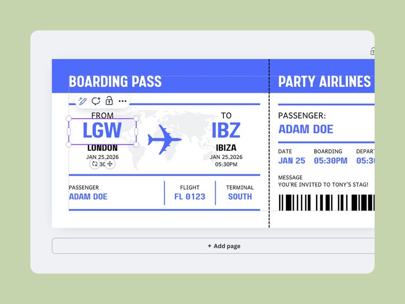 Editable Blue Boarding Pass Template: Canva Stag Party Invitation ...