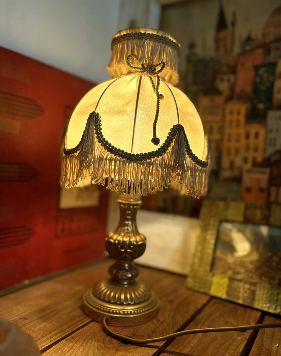 Vintage Baroque Table Lamp (gold Ornate Base, Fabric Fringe Shade ...