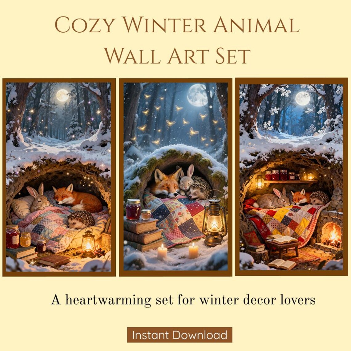 Cozy Winter Animal Wall Art Set — Whimsical Forest Printable — Vertical ...