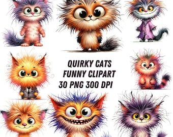 Quirky Cats Clipart Collection, Funny Watercolor Cat Graphics 20 PNG ...