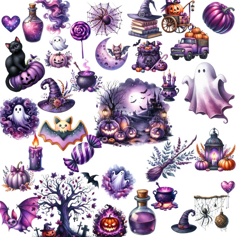 Watercolor Halloween Clipart, Spooky Cute Clip Art, Halloween Clipart ...