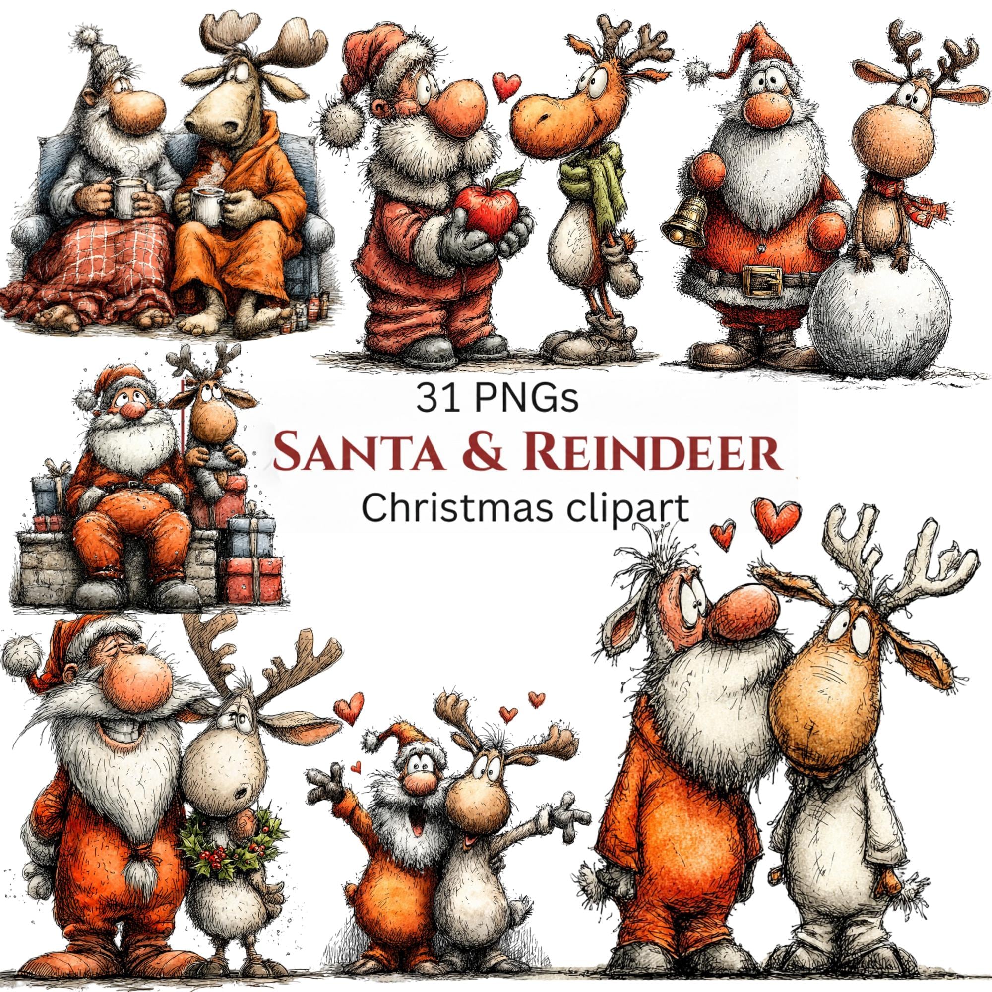 Santa and Reindeer Christmas Clipart Bundle31 Pngs Cute Festive Holiday ...