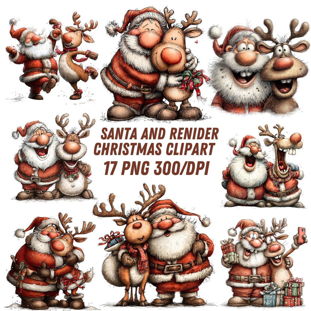 Santa & Reindeer Christmas Clipart: Festive Holiday Graphics (digital ...