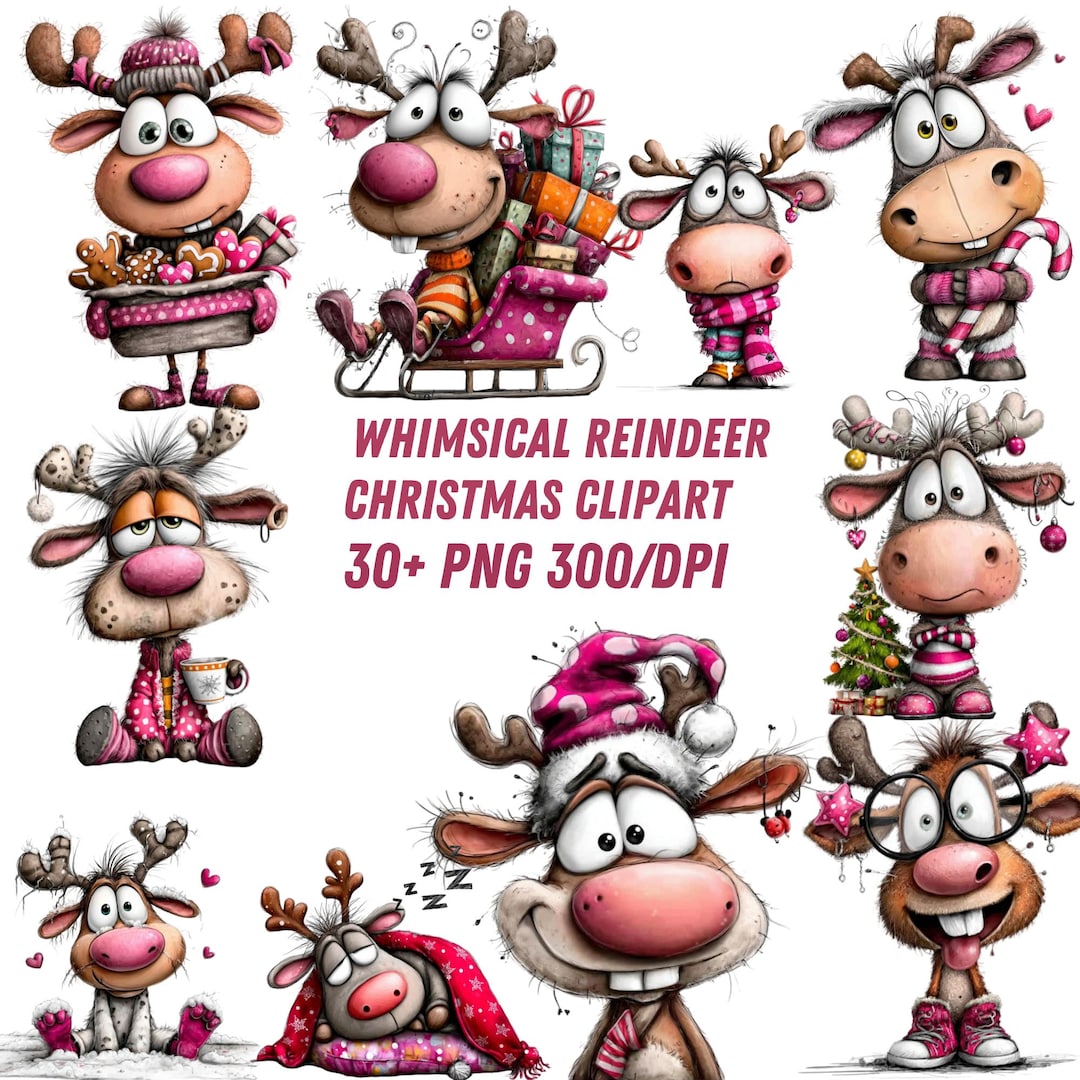 Funny Reindeer Christmas Clipart: Festive Holiday Graphics (digital ...