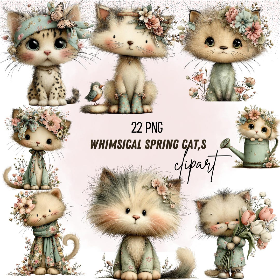 Whimsical Cat Clipart – Cute Spring Cat With White Floral Crown PNG ...