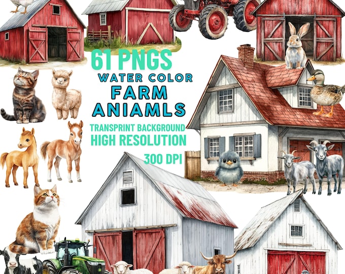 Watercolor Farm Animal Clipart Bundle, Flower Cows PNG, Baby Animals ...