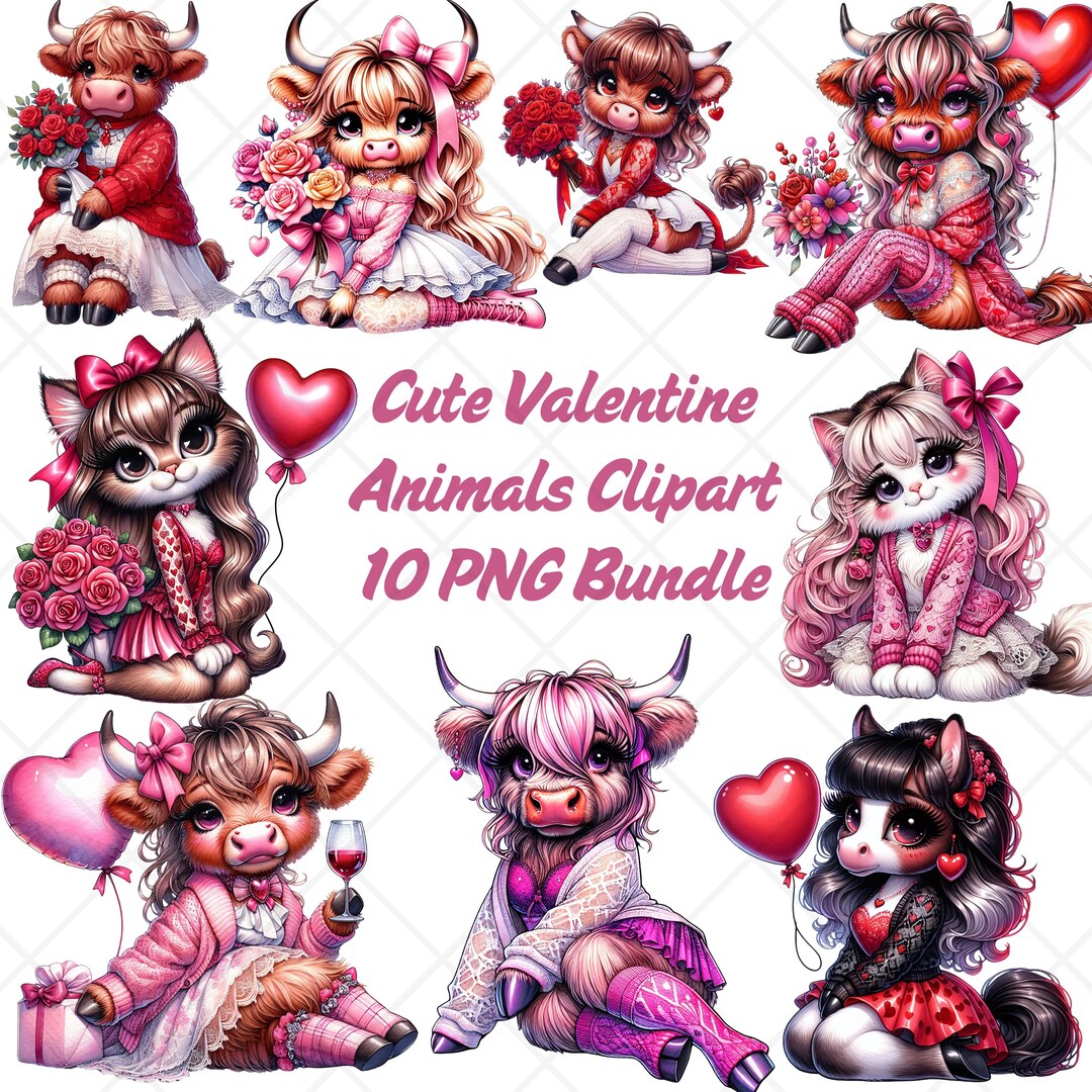 Cute Valentine Animals Clipart Bundle | 10 PNG Files | Kawaii Love ...