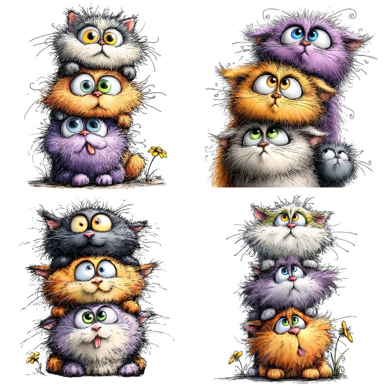 Funny Quirky Cats PNG Bundle | Cute Cartoon Cat Clipart | Whimsical Cat ...
