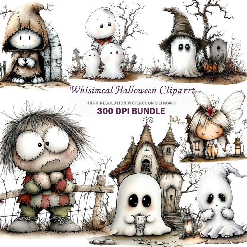 Whimsical Halloween Ghost Clipart Bundle, Watercolor PNG, Witch Hat ...