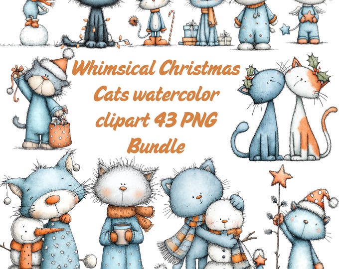 Watercolor Christmas Cats Clipart: Whimsical Holiday PNG Bundle ...