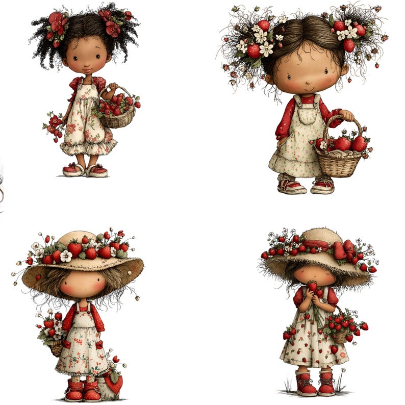 Strawberry Girl Clipart PNG Bundle, Cute Kawaii Cottagecore Girls ...
