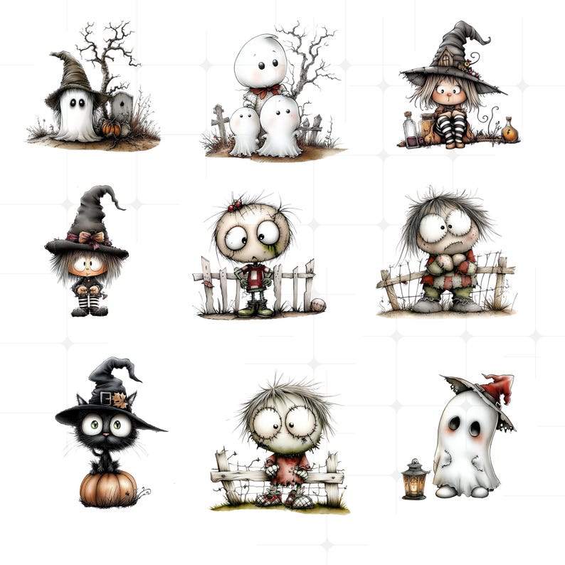 Whimsical Halloween Ghost Clipart Bundle, Watercolor PNG, Witch Hat ...