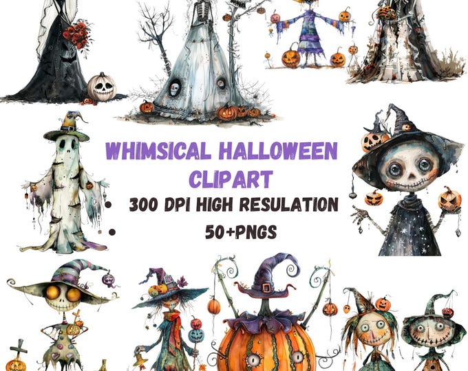 50 PNG Watercolor Quirky Halloween Bundle Clipart, Whimsical Halloween ...