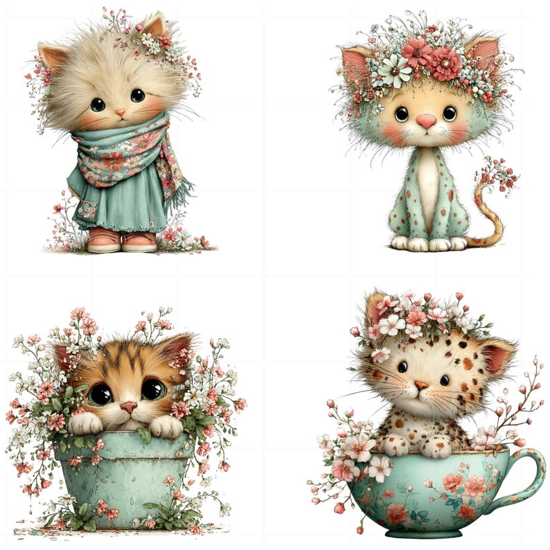 45 PNG Whimsical Cat Clipart – Cute Spring Cat With White Floral Crown ...