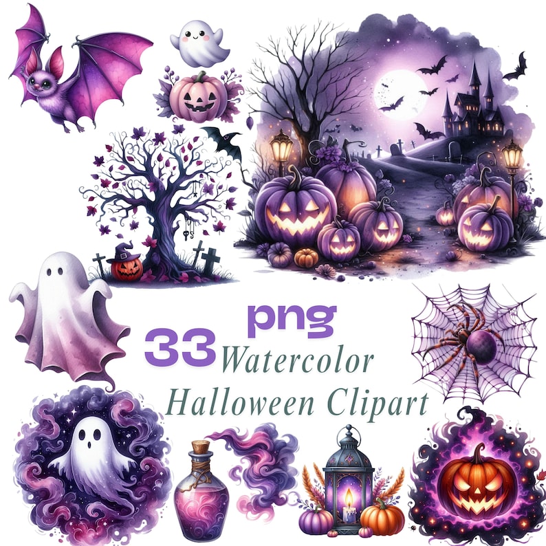 Watercolor Halloween Clipart, Spooky Cute Clip Art, Halloween Clipart ...