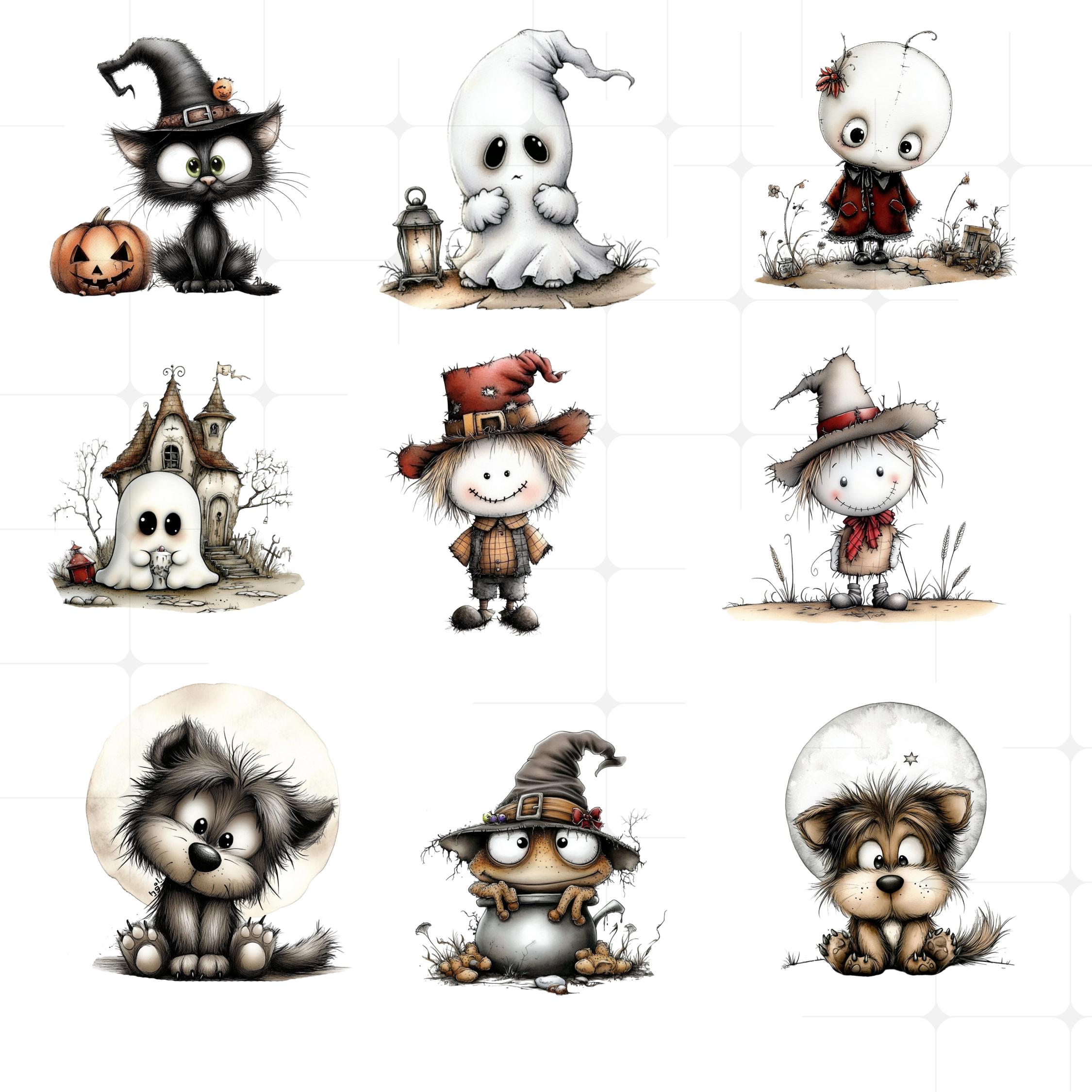 Whimsical Halloween Ghost Clipart Bundle, Watercolor PNG, Witch Hat ...