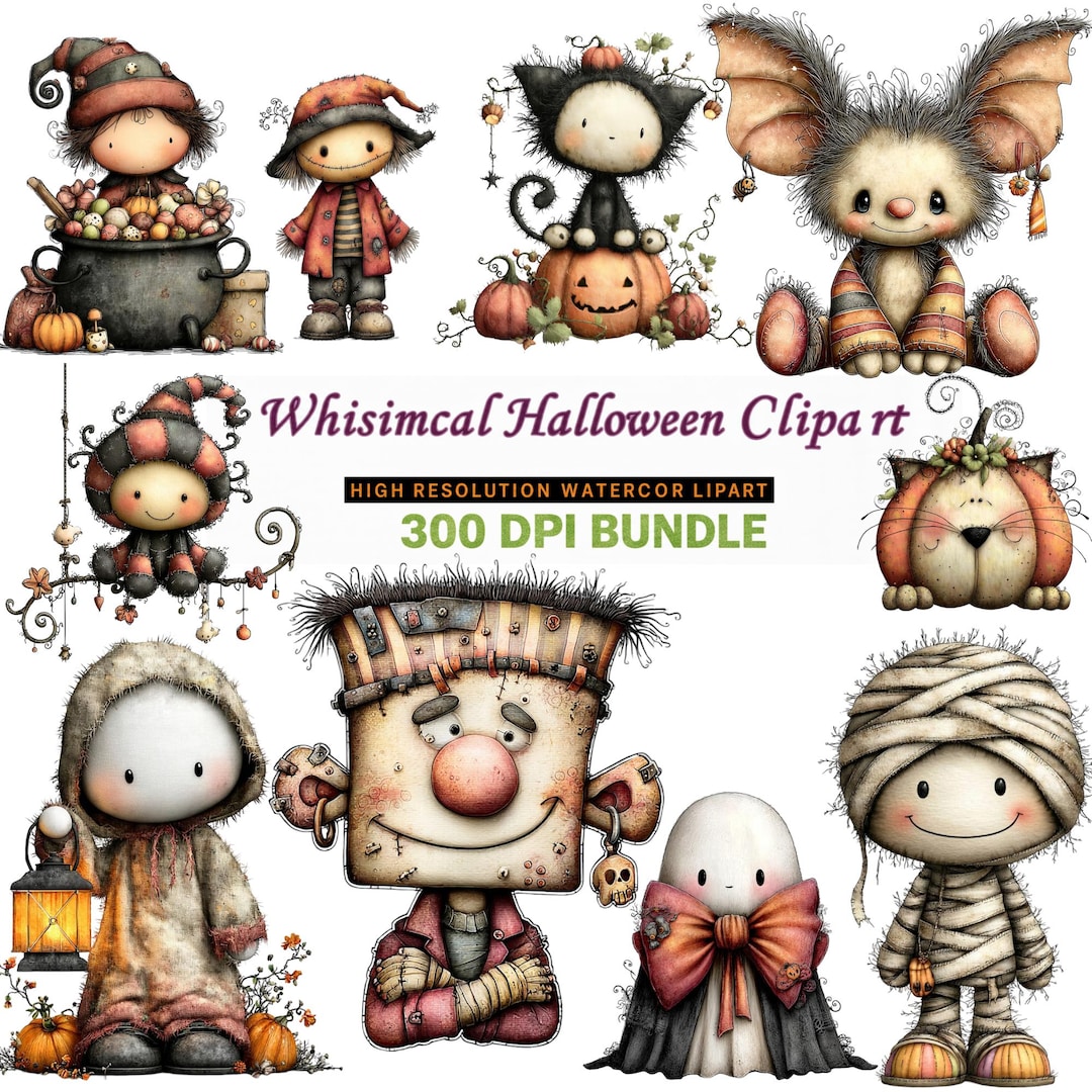Whimsical Halloween Ghost Clipart Bundle, Watercolor PNG, Witch Hat ...
