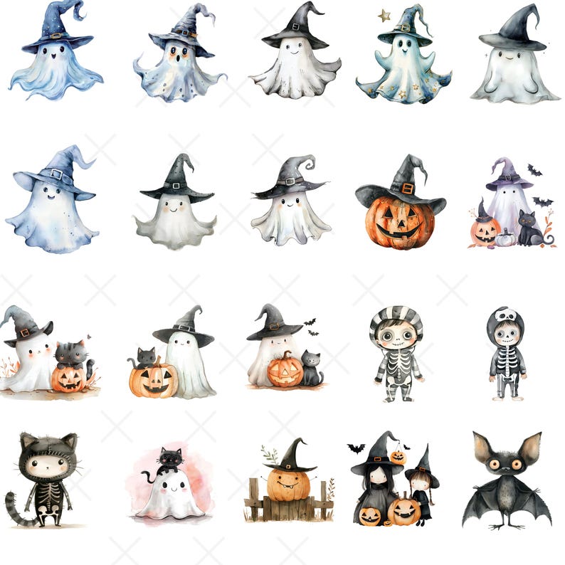 120+ Cute Halloween Ghost Clipart Bundle, Watercolor PNG, Witch Hat ...